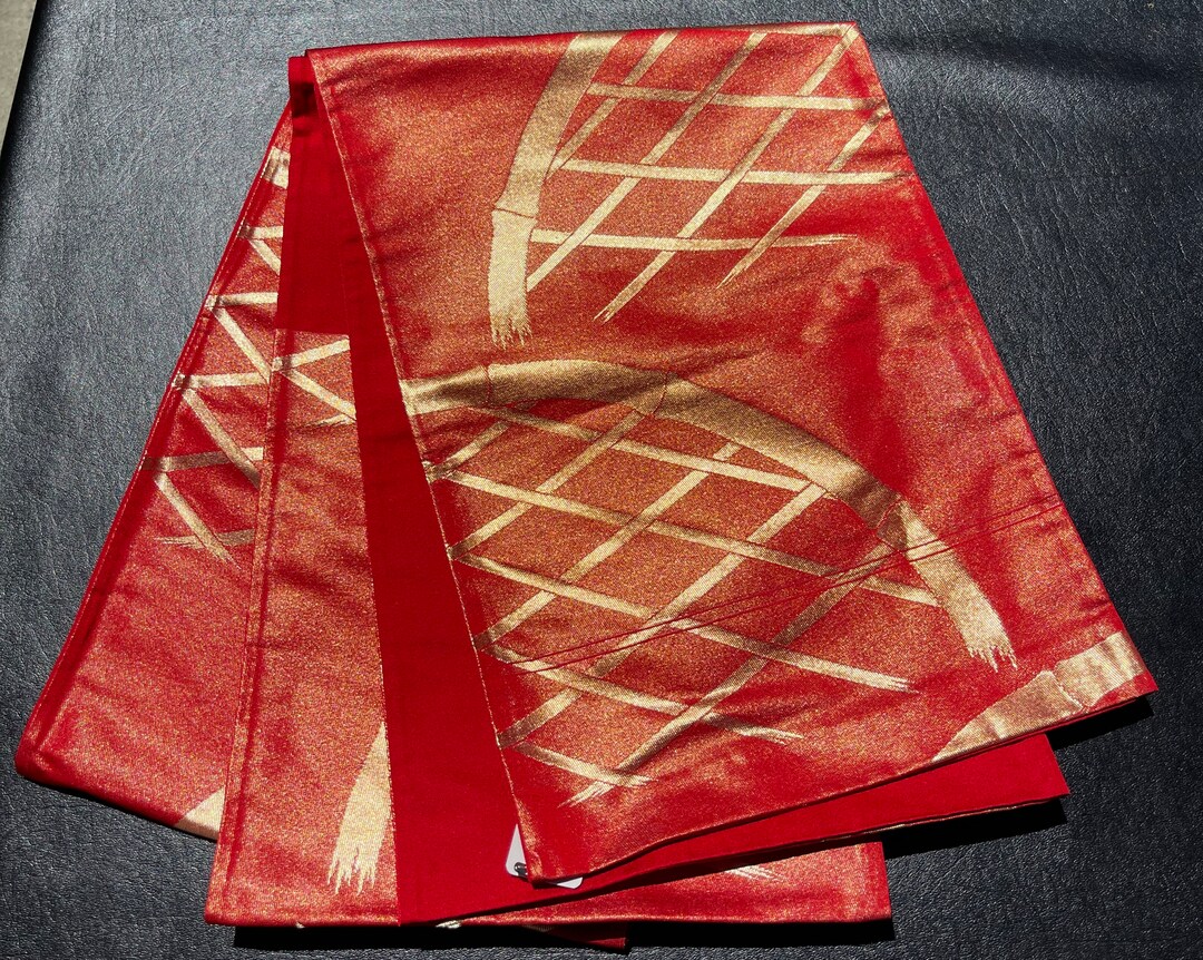 Japanese Obi/kimono Sash, Shimmering Red W/woven Gold Threads, Metallic ...