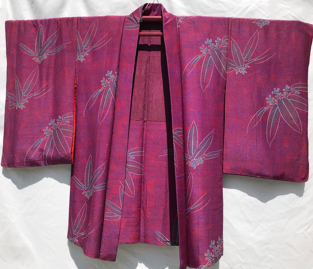 Japanese Raspberry/magenta Linen-type Rough Weave Haori/jacket, Printed ...