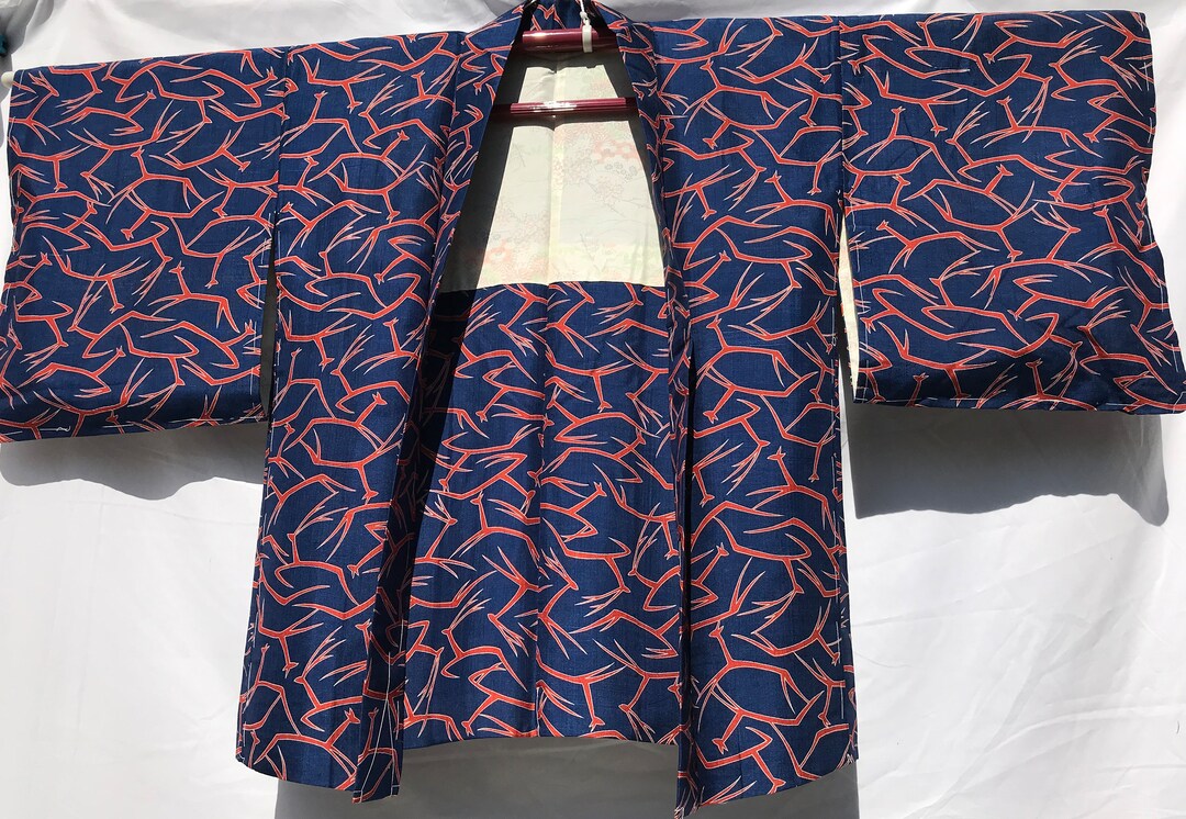 Japanese Haori/jacket, Woven Navy Blue With Printed Red Abstract Deer ...