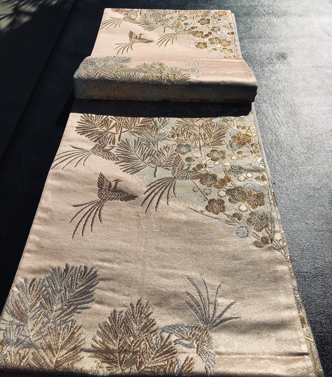 Japanese Soft Shimmering Gold Obi/kimono Sash W/embroidered Metallic ...