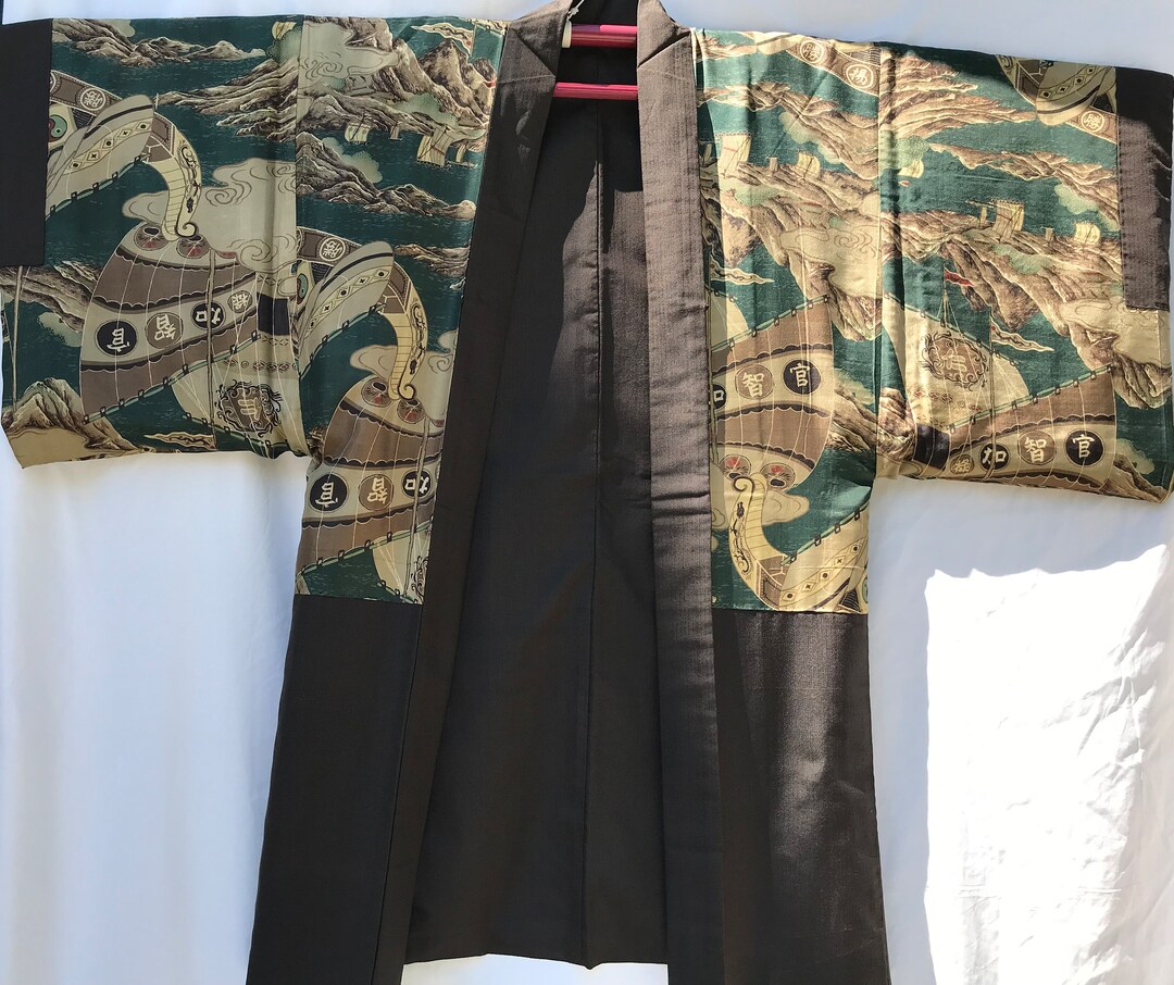 Japanese Masculine Haori/jacket, Woven Brown Fabric, Printed Ships on ...