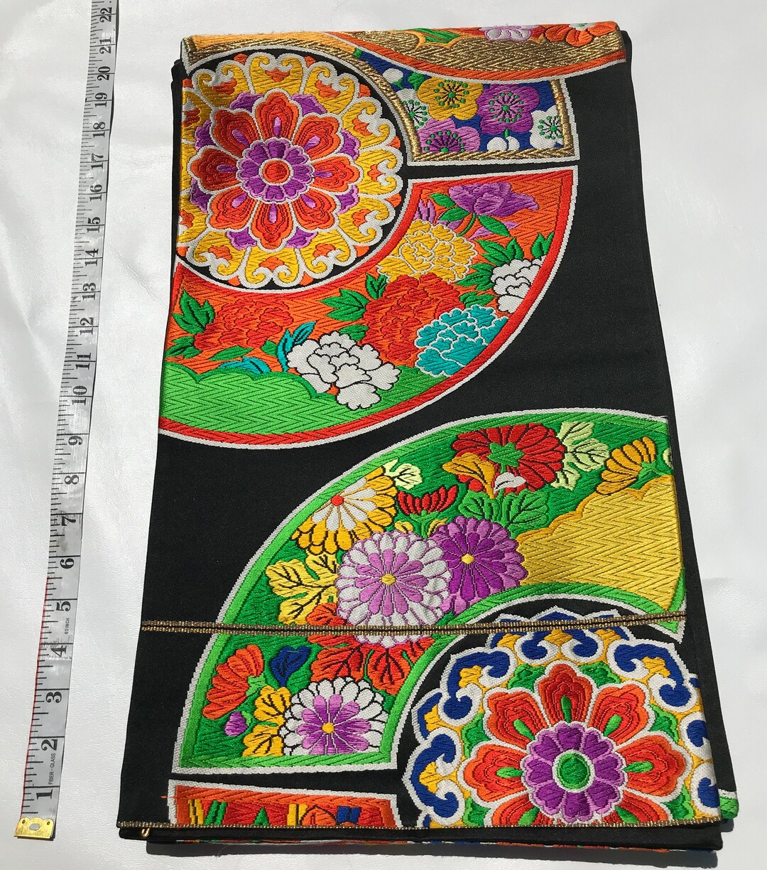 Japanese Obi/kimono Sash; Colourful Wheels of Embroidered Flowers ...