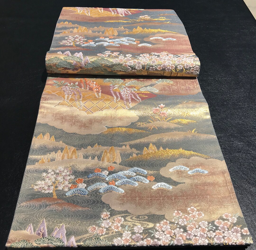 RESERVED Obi/kimono Sash, Pale Gold Bckgrnd, Soft Colours Intricately ...