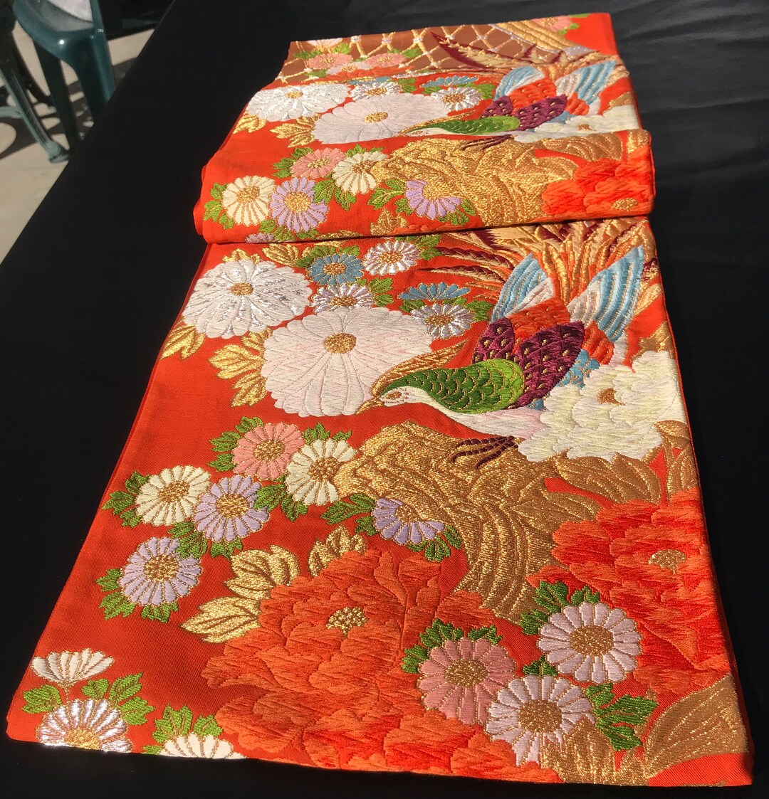 Japanese Orange Obi/kimono Sash, Colourful Embroidered Flowers and ...