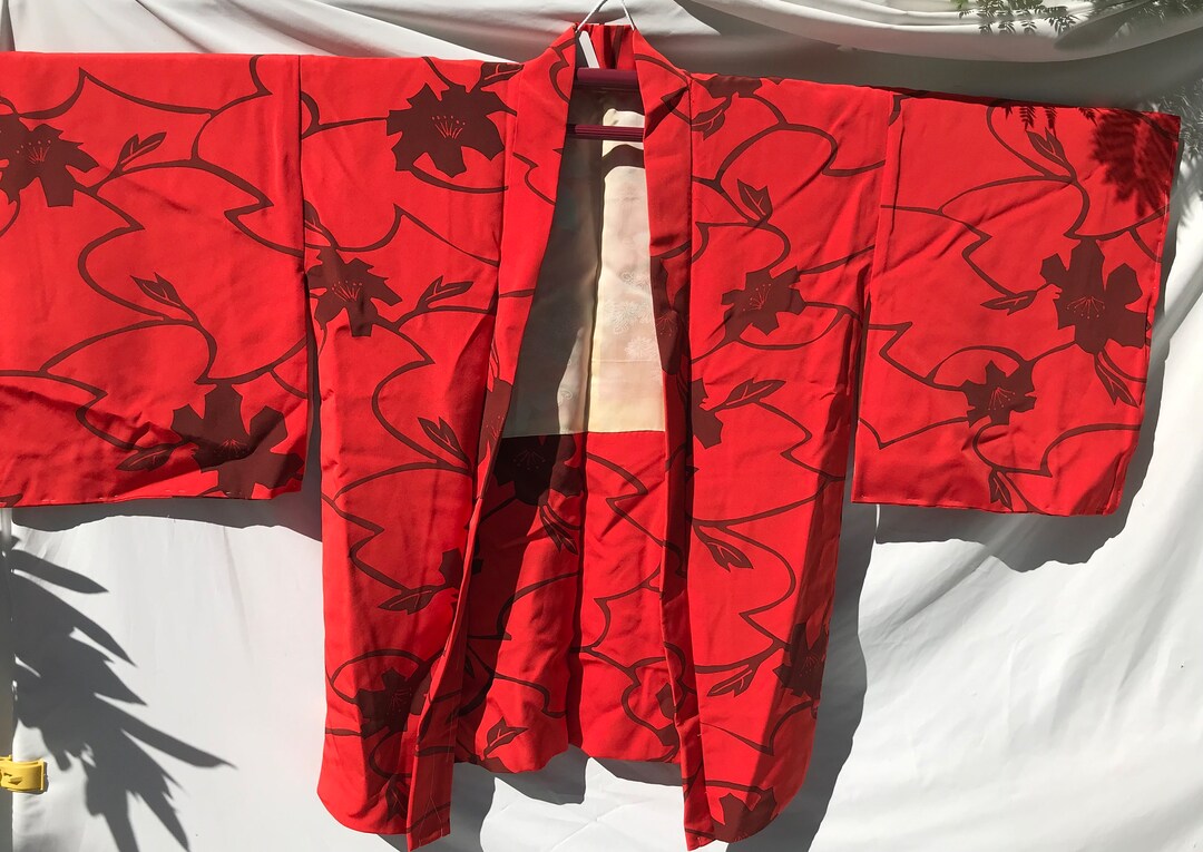 Japan Unisex Orange Haori/jacket Printed With Abstract Brown Tropical ...