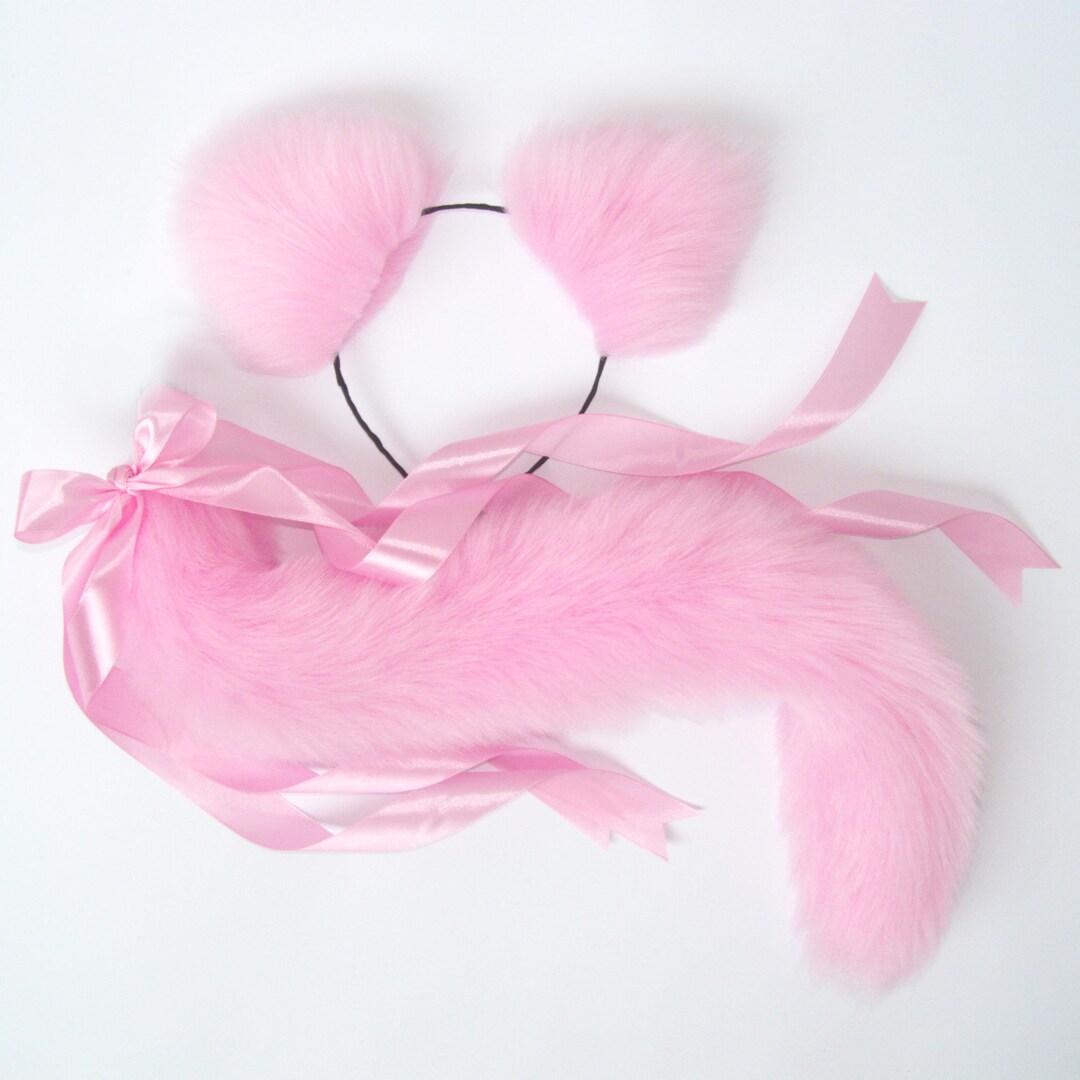 Pink Kitty Tail With Fur Ears, Cat Tail Cosplay, Therian Tail, Fluffy ...