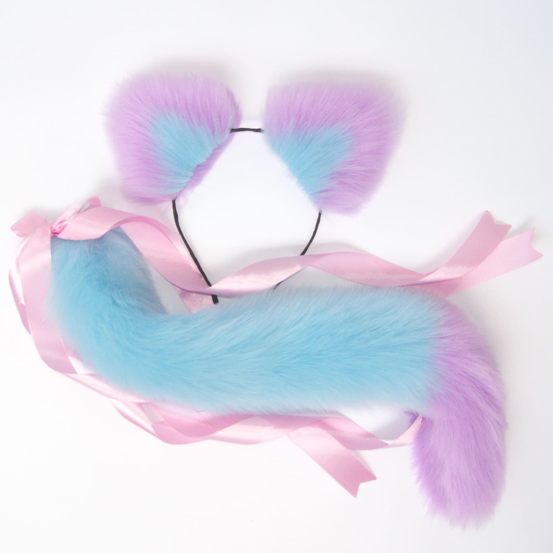 Blue and Purple Cat Tail Set With Furry Ears, Roleplay Kitten Tail ...