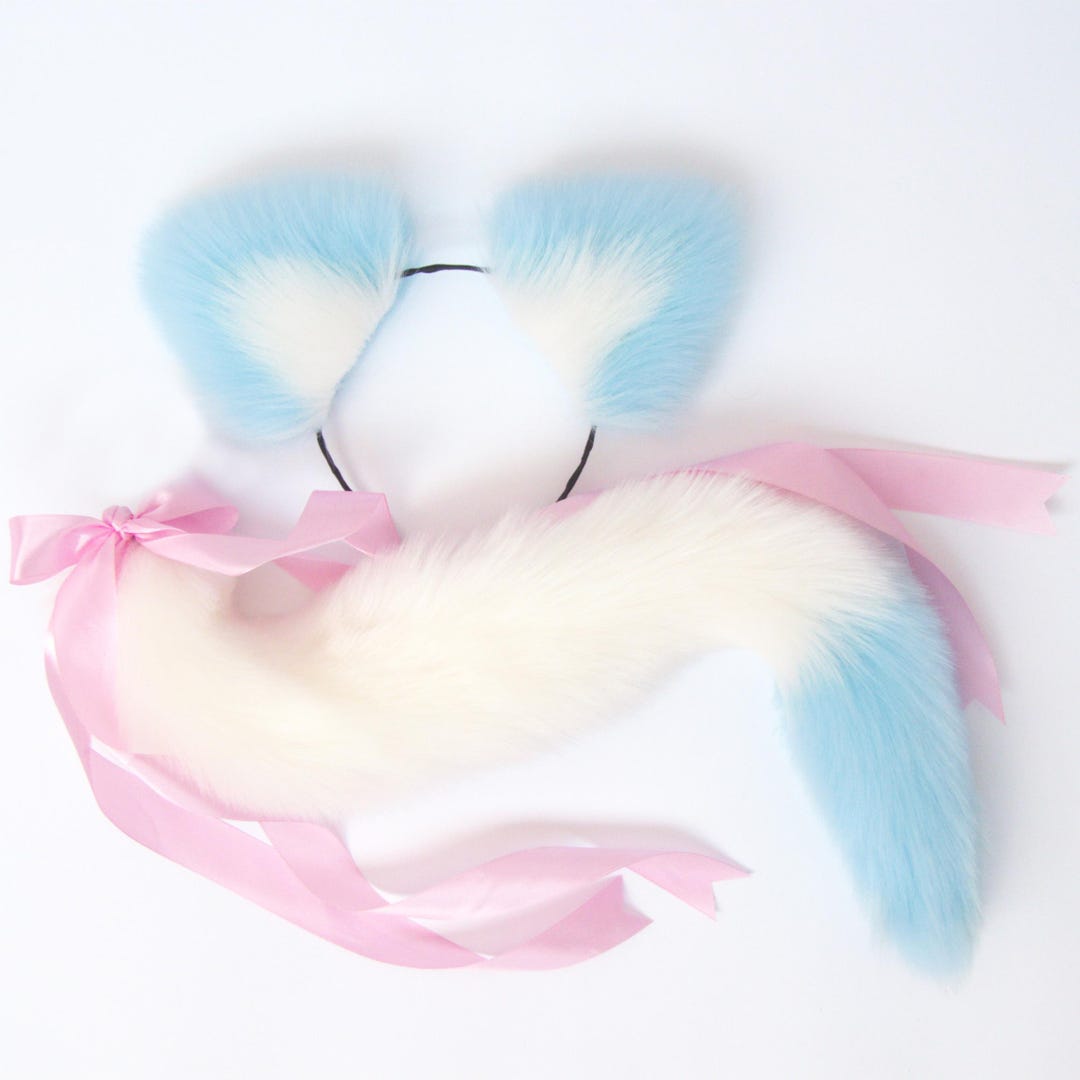 White and Blue Cat Tail and Fur Ears Set, Custom Fox Ears and Tail ...