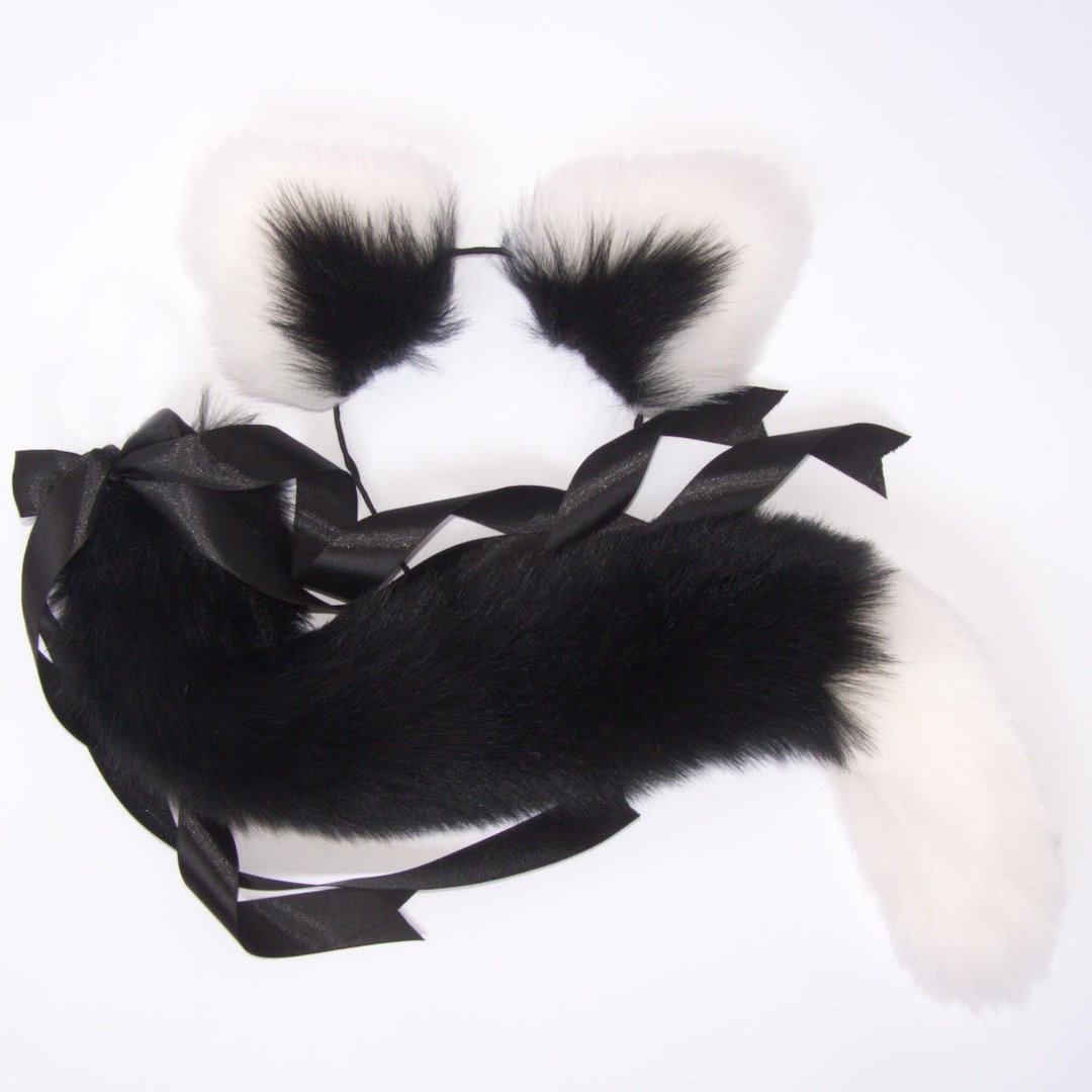 Black and White Cat Tail and Furry Ears Roleplay Set, Wagging Puppy ...
