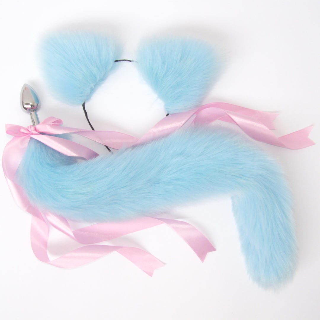 Blue Cat Tail Set With Furry Ears, Roleplay Kitten Tail, Wagging Dog ...