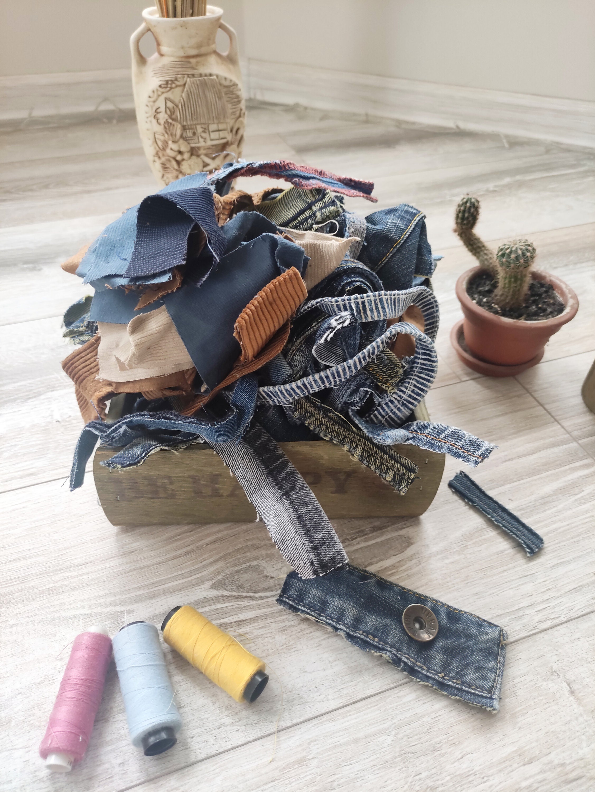 Recycled Denim Jeans Velvet Pieces Bits Seams Bundle for Home Decor DIY ...