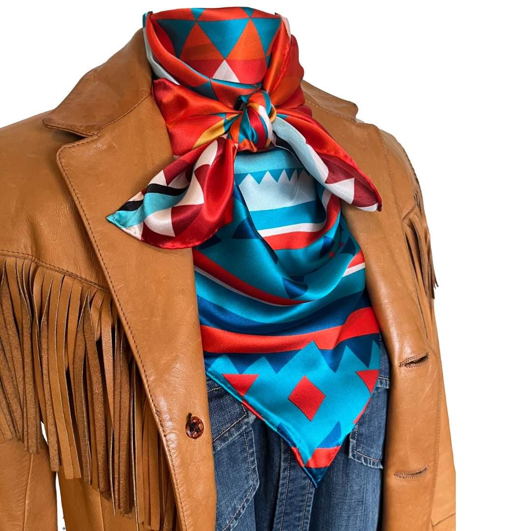 100% Silk Scarf Premium Wild Rag (outrider) Aztec Blue and Orange Silk ...