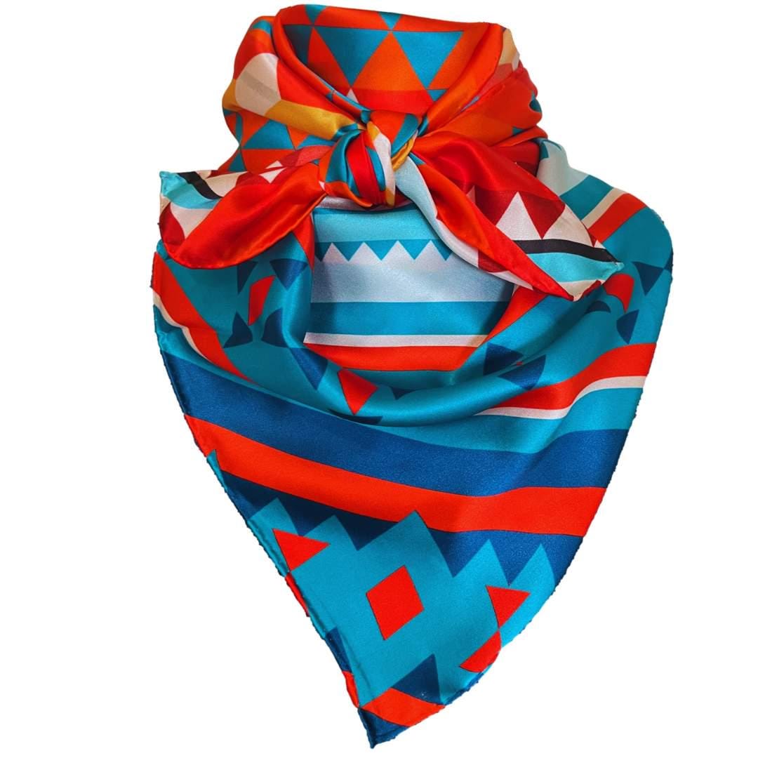 100% Silk Scarf Premium Wild Rag (outrider) Aztec Blue and Orange Silk ...