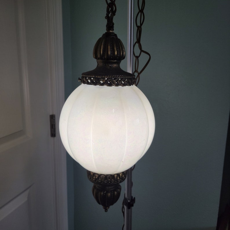 Vintage 60s Art Deco Swag Hanging Light Fixture Opal Pearl Globe Lamp ...