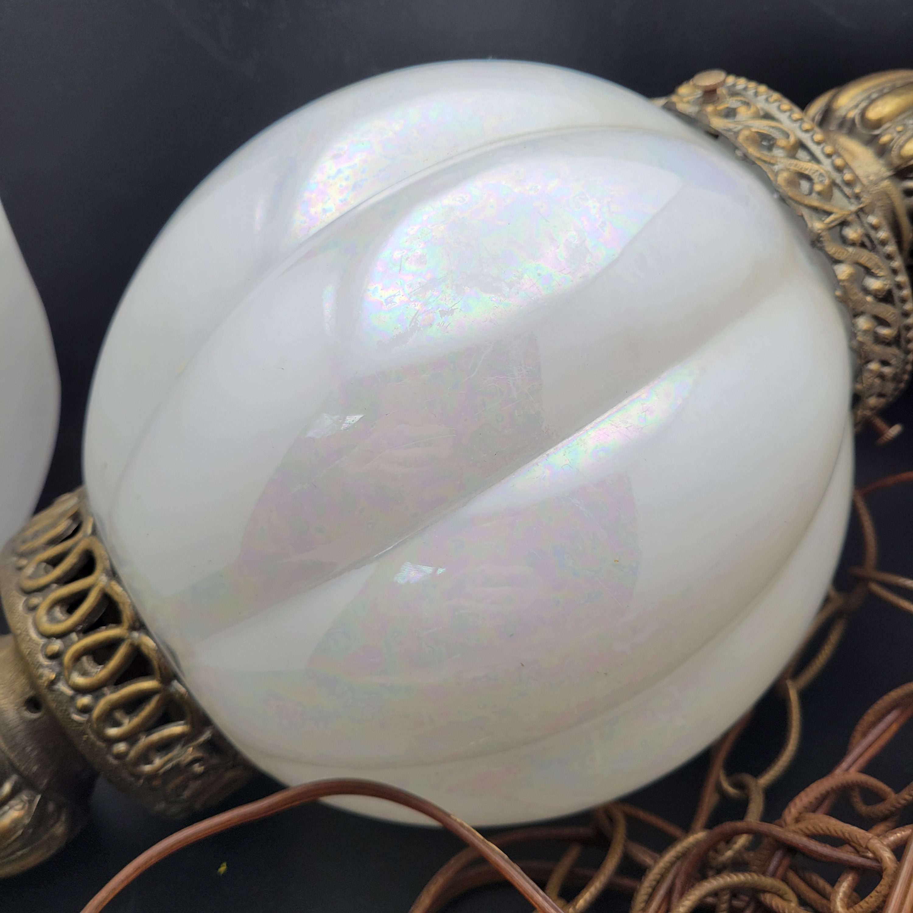 Vintage 60s Art Deco Swag Hanging Light Fixture Opal Pearl Globe Lamp ...