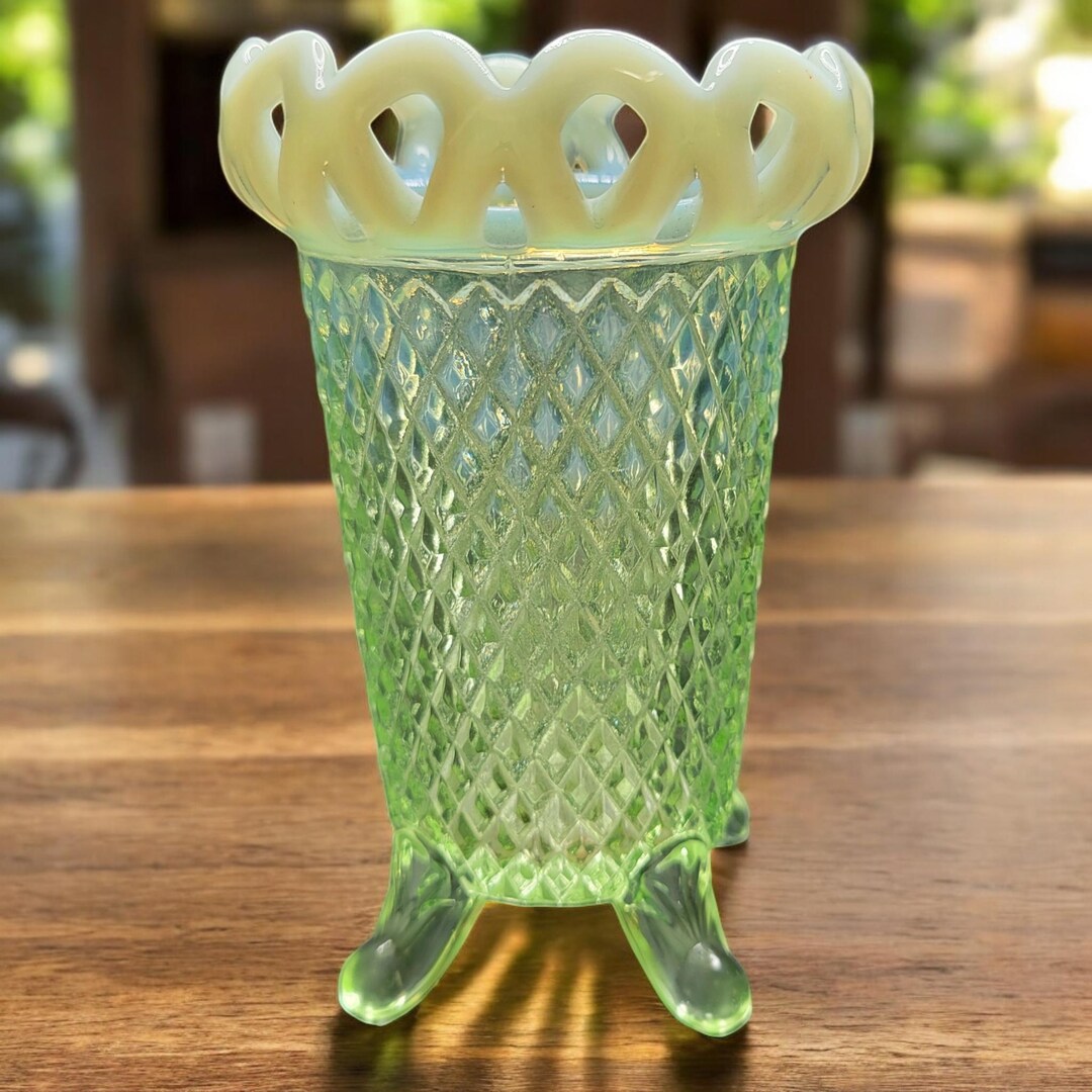 Imperial Vaseline Glass Footed Spooner Diamond Lace Opalescent Celery ...