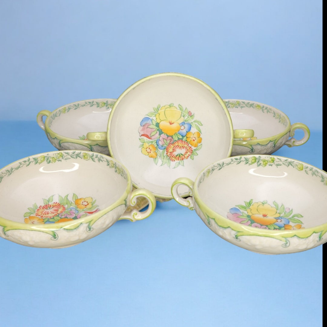 5 1920's Crown Ducal High Relief Hand Painted Springtime Soup Coup Bowl ...