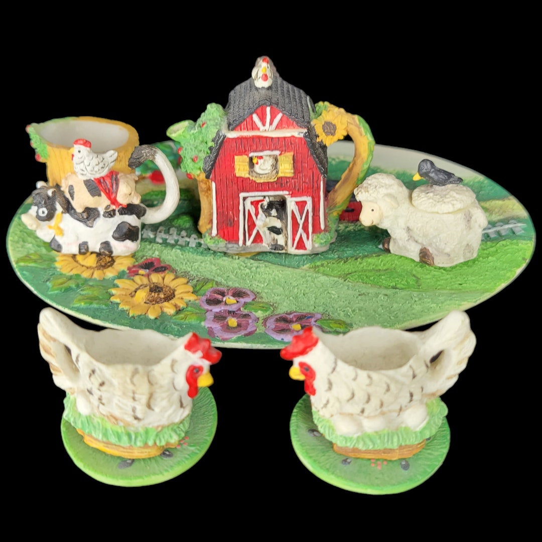 Vtg Miniature Mini Tea Set Barn Farm Animals Chicken Resin Chadwick ...