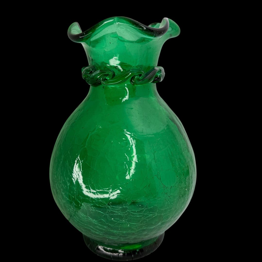 Large Vintage Green Blenko Crackle Glass Ruffle Top Hand Blown Art ...