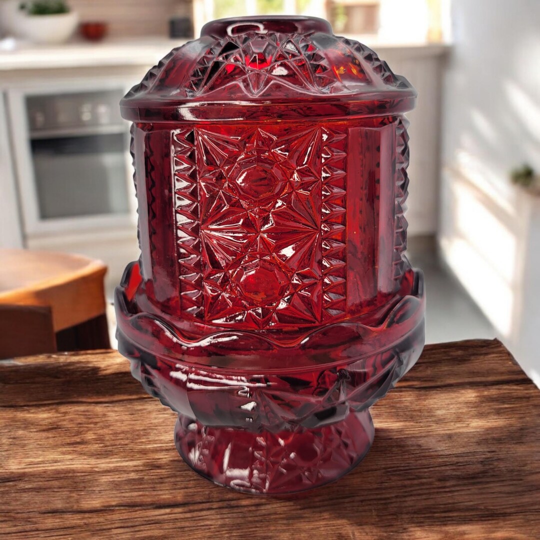 VINTAGE Indiana Glass Ruby Red Stars & Bars Art Glass Fairy Lamp 7h - Etsy