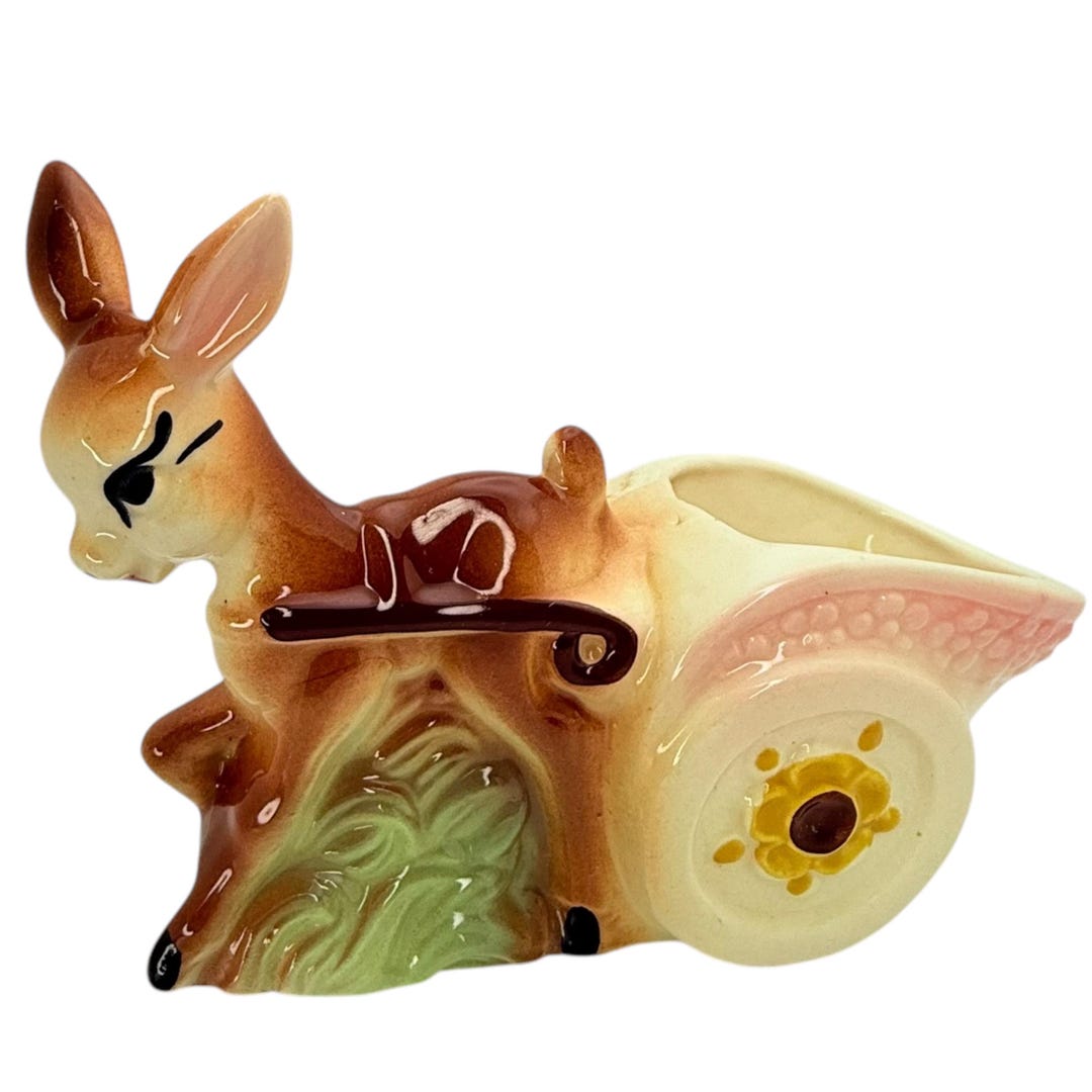 Vintage MCM Anthropomorphic Deer Planter Fawn Doe Pulling Cart 1950’s ...