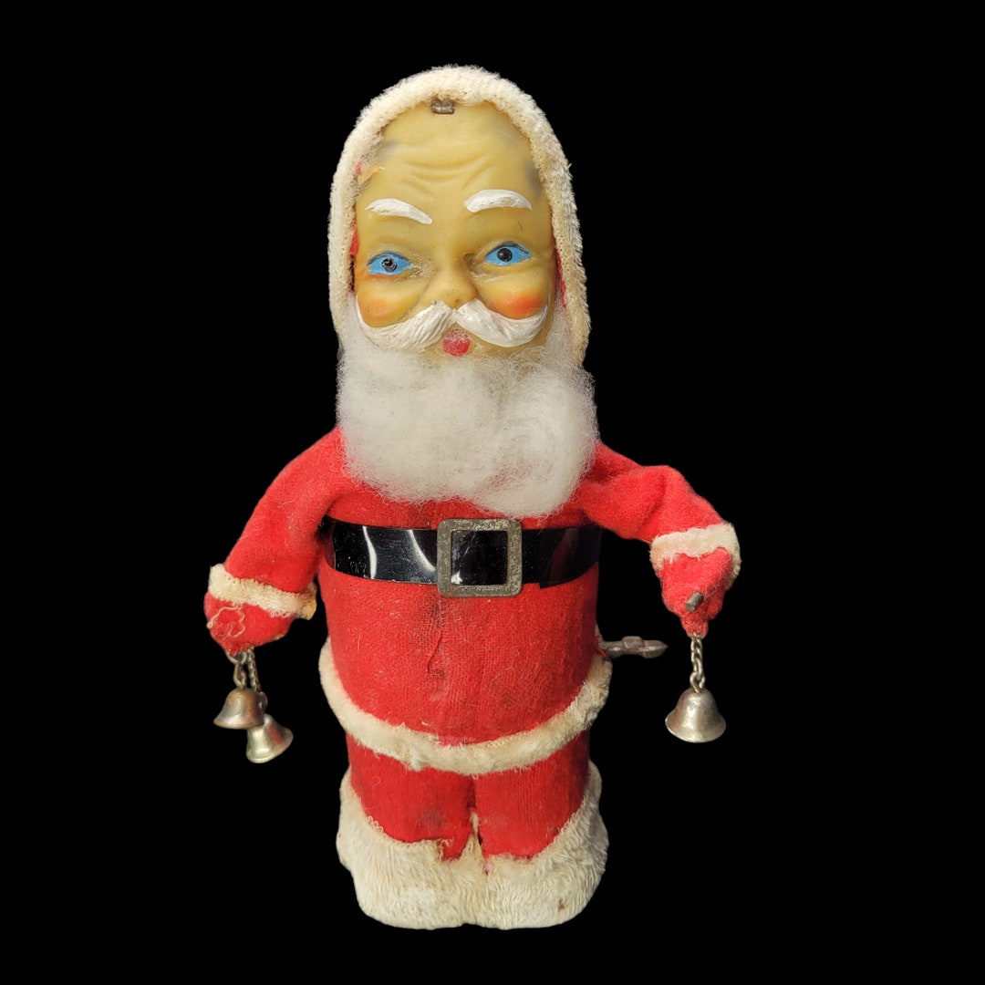 Vintage 50s Rubber Face Wind up Santa Bell Ringer Christmas Decoration ...