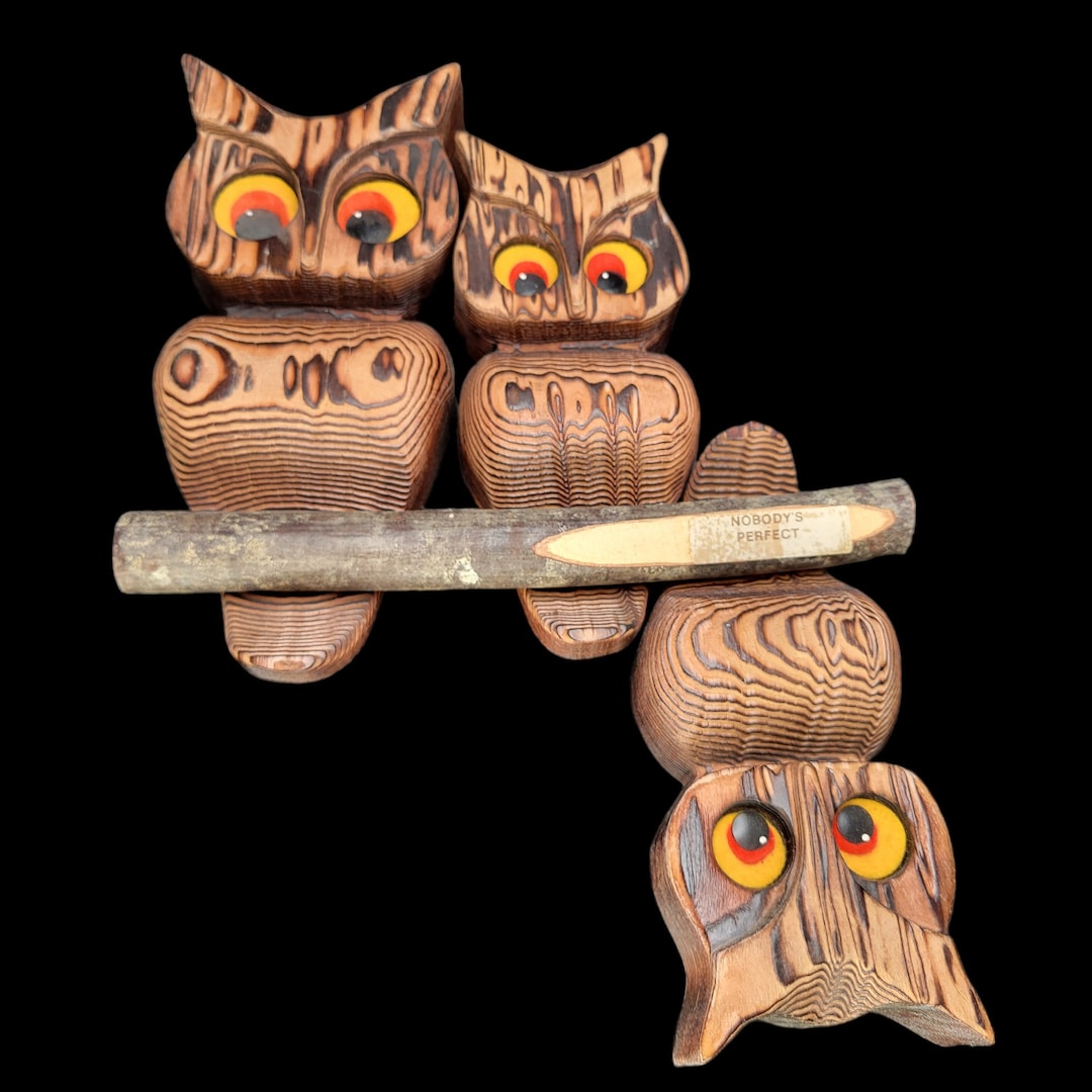 70s Burnt Wood 3 Owls on Log Upside-down Wall Hanging Nobodies Perfect ...