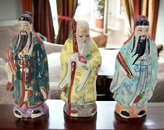 Antique Vintage 3 Sanxing Fu Lu Shou Chinese Porcelain Deity Statues ...