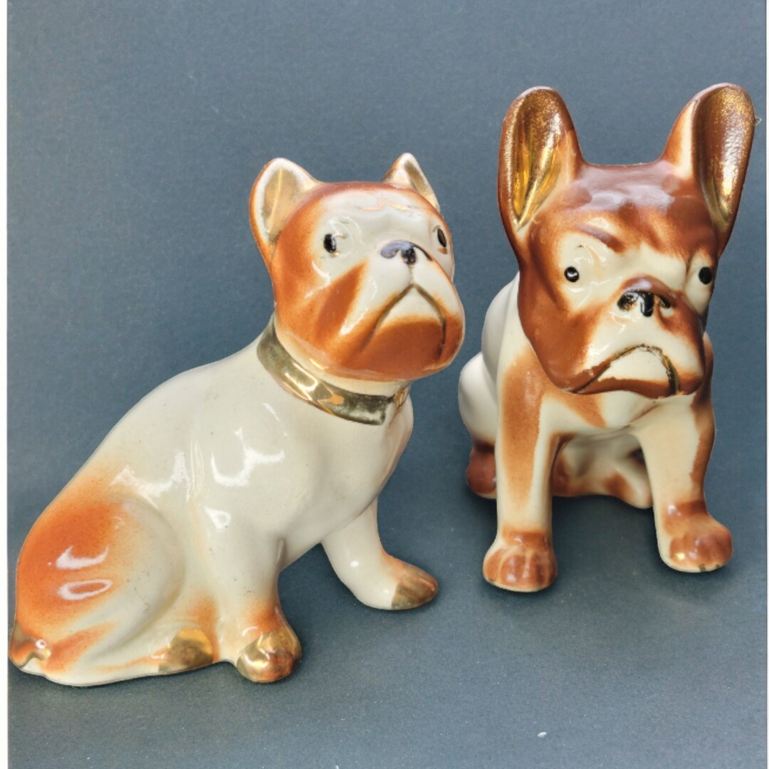 2 Vintage MCM Ceramic Frenchie English Bulldog Terrier Figurines Gold ...