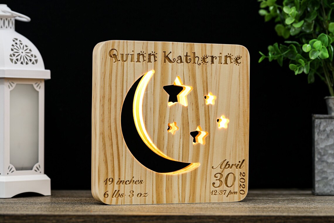 Moon & Stars Birth Announcement Night Light Personalized Baby | Etsy