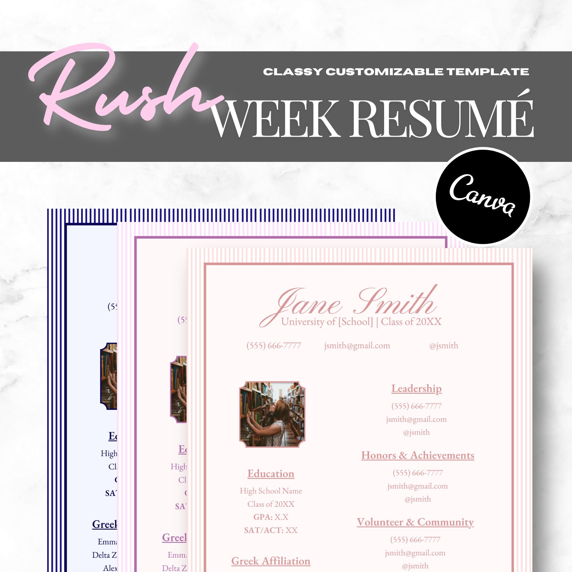 Elegant Sorority Rush Resume Template | Canva Design (digital Download ...