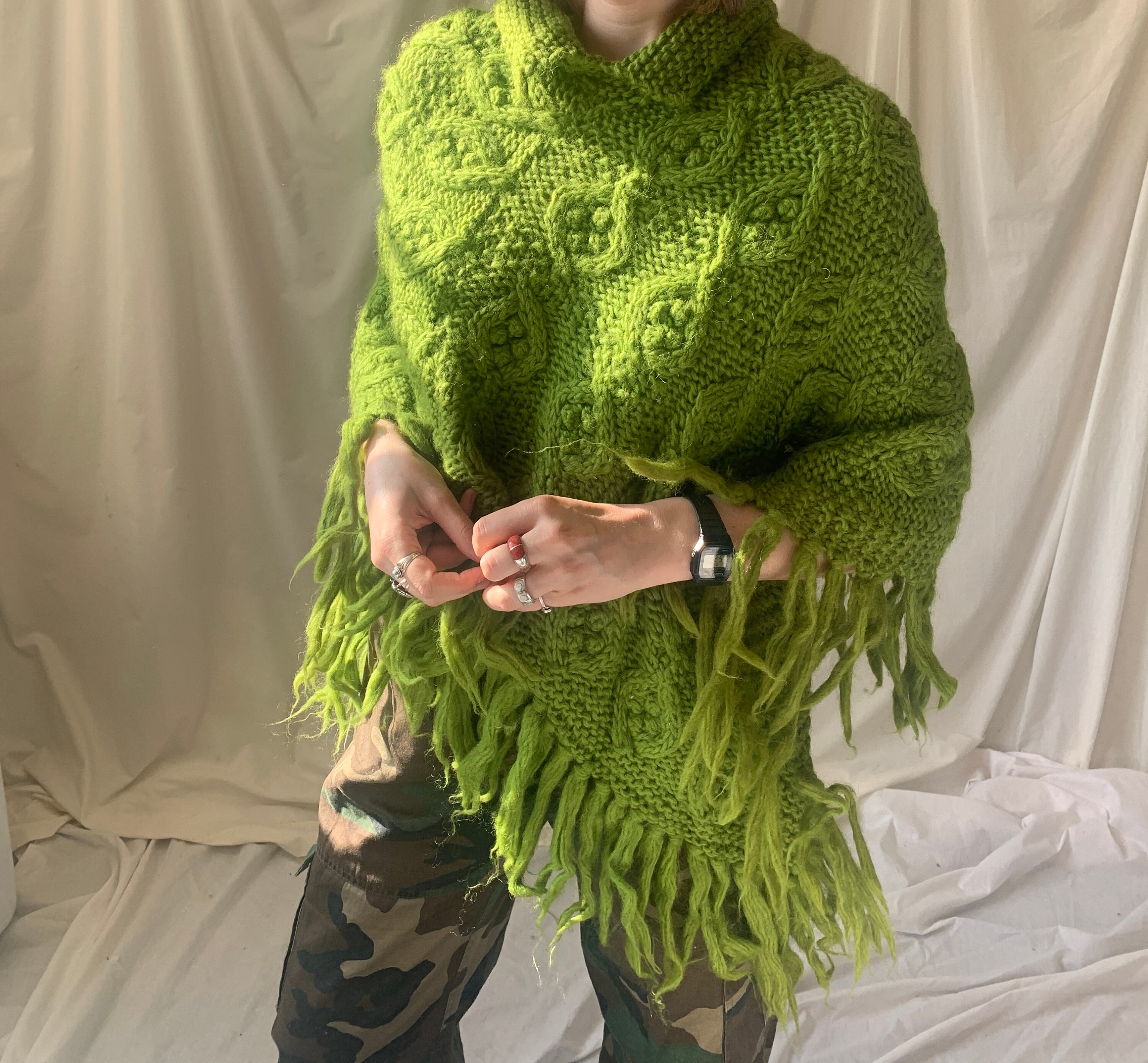 Vintage Olive Green Shawl/poncho With Fringe and Collar by Blume ...