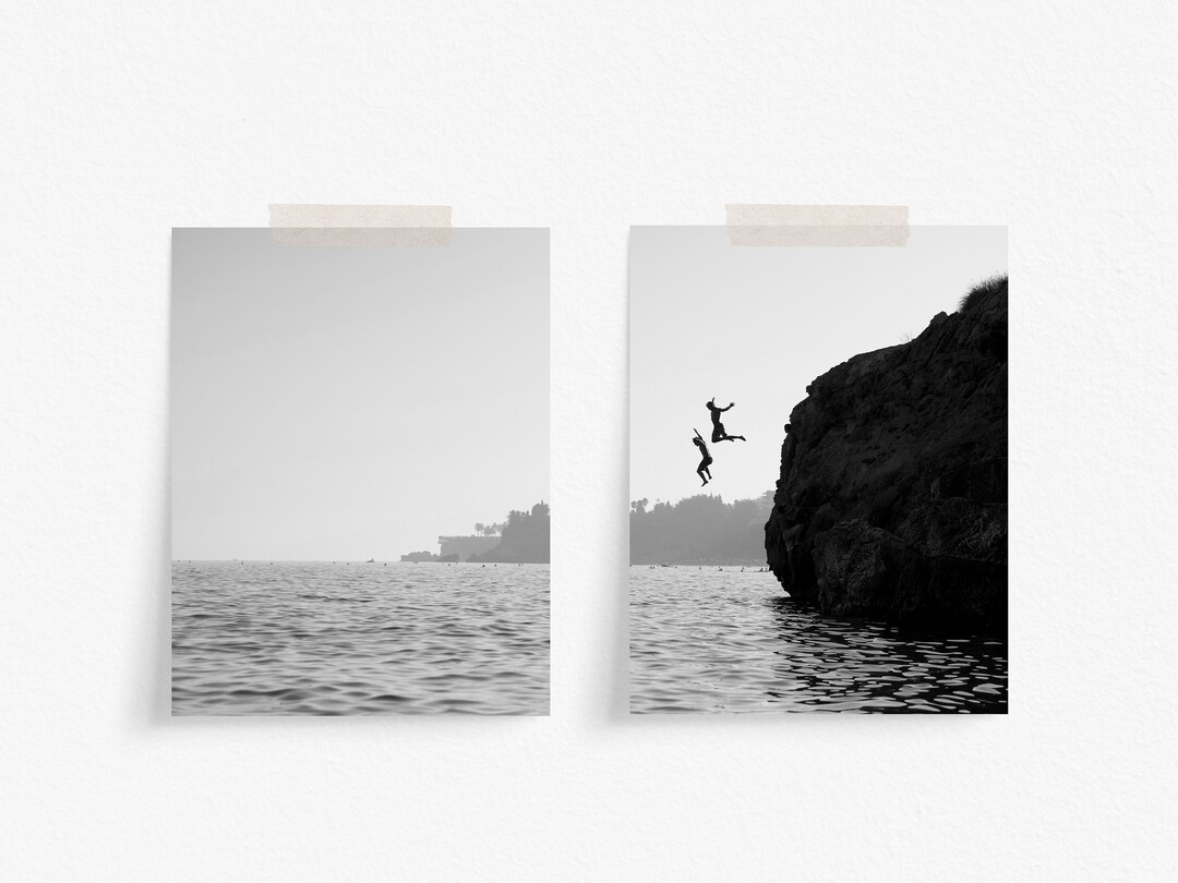 Ocean Print Set of 2, Cliff Diving Wall Art, Black and White ...