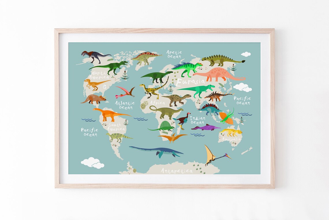 Educational Dinosaur Map Dinosaur Kids World Map Print | Etsy