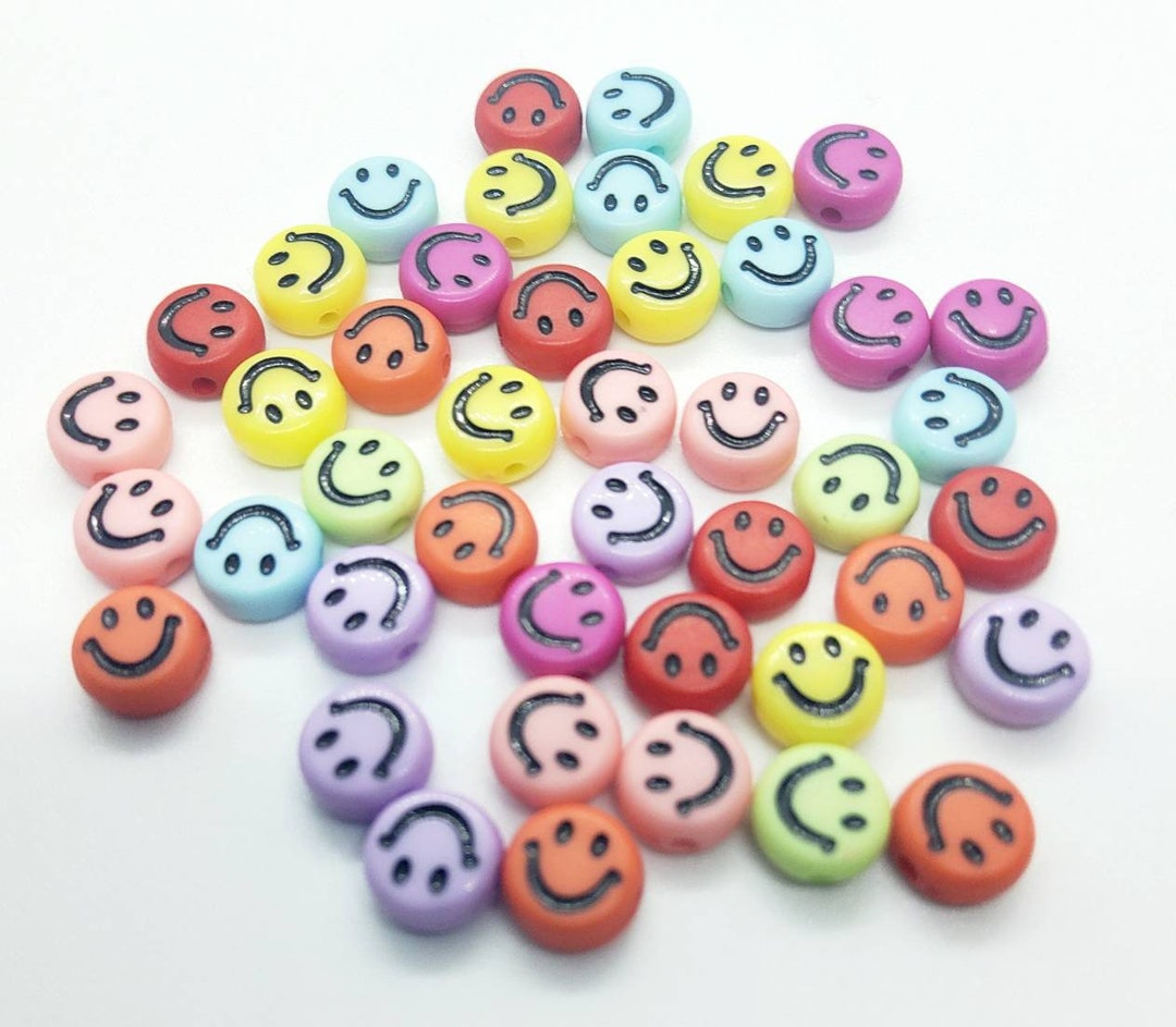 New 50 Small Resin Smiley Acrylic Plastic Round Coin Smiley Face Beads ...
