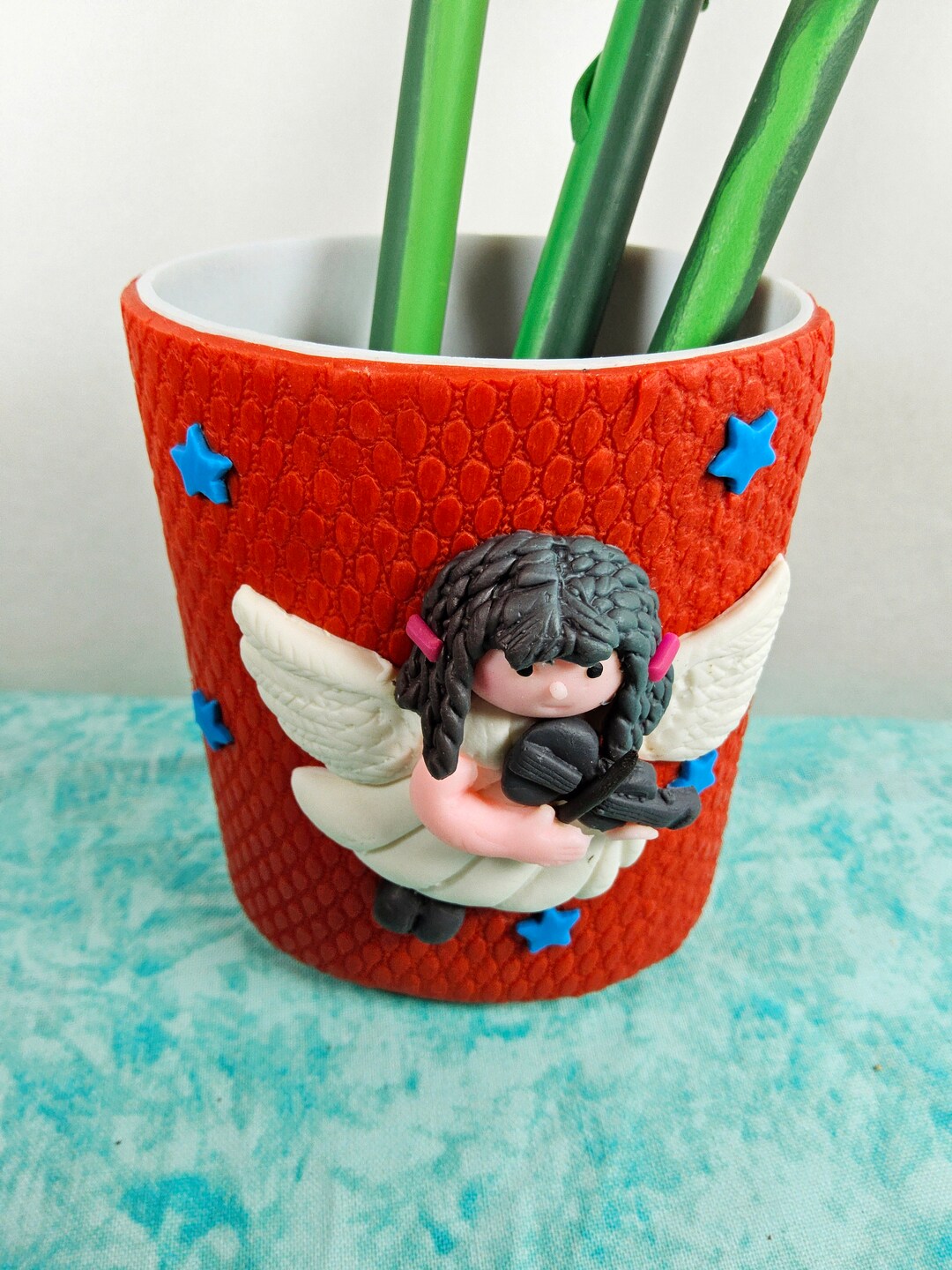 1 Valentine's Angel Holiday Pen Holders With 3 Polymer Clay Fimo Pens ...