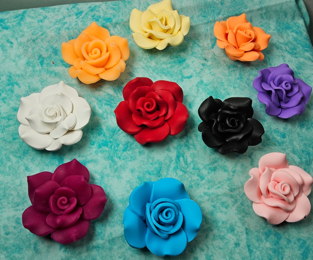 New 5 Polymer Clay Fimo Flowers Roses Beads 40mm Assorted Colors Kawaii ...