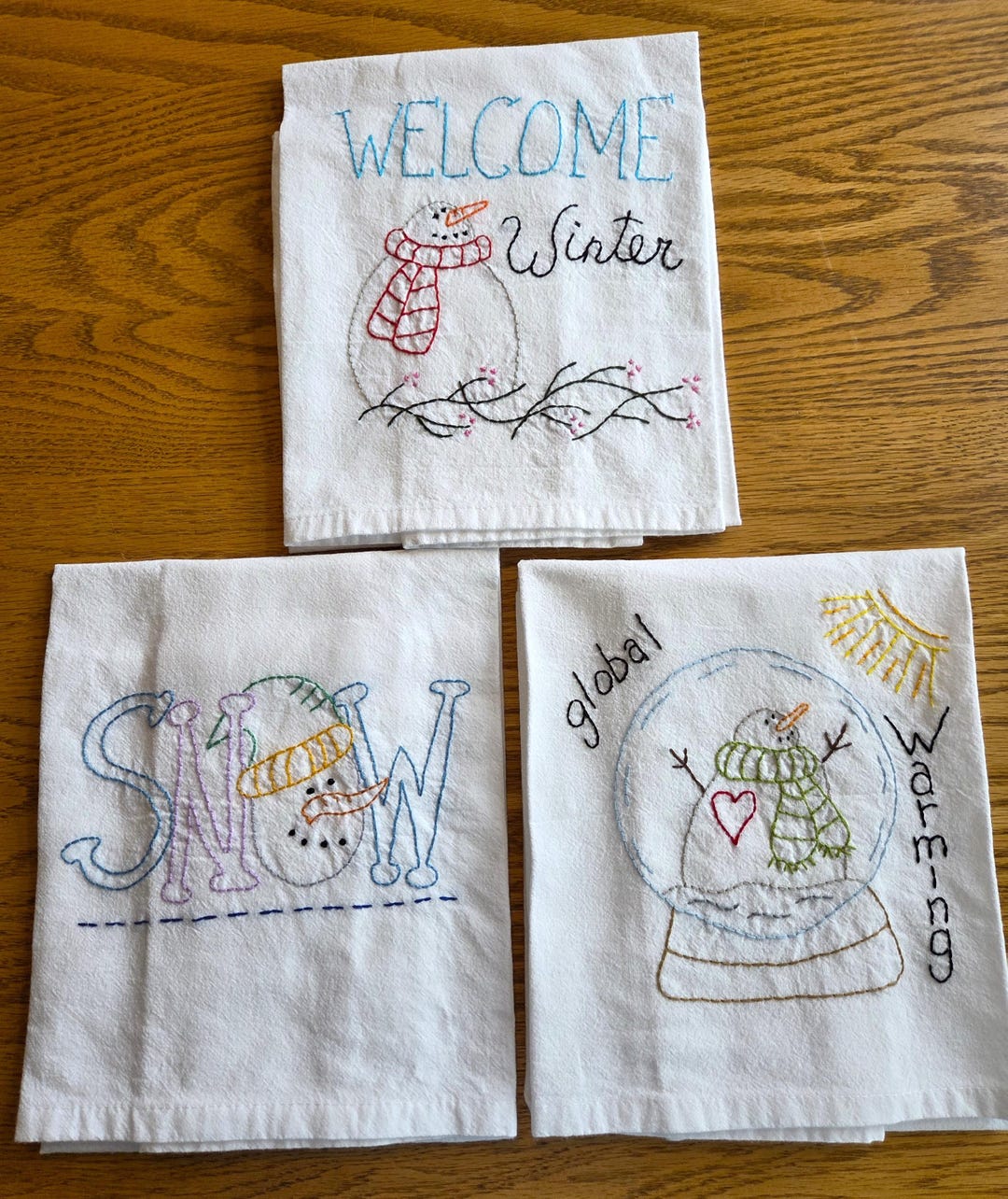 Adorable Hand Embroidered Tea Towels, WINTER Designs. Primitive and ...