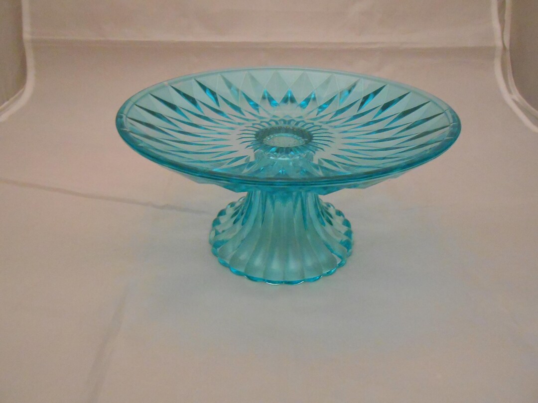 Vintage Teal Depression Glass Cake Stand, Round, Serving, Dinnerware ...