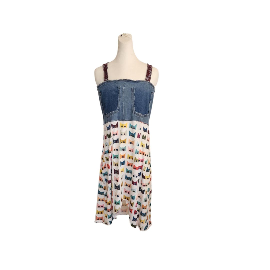 Upcycled Denim Dress Set With Cat Print. Scrunchie, Lace Fob, Change ...