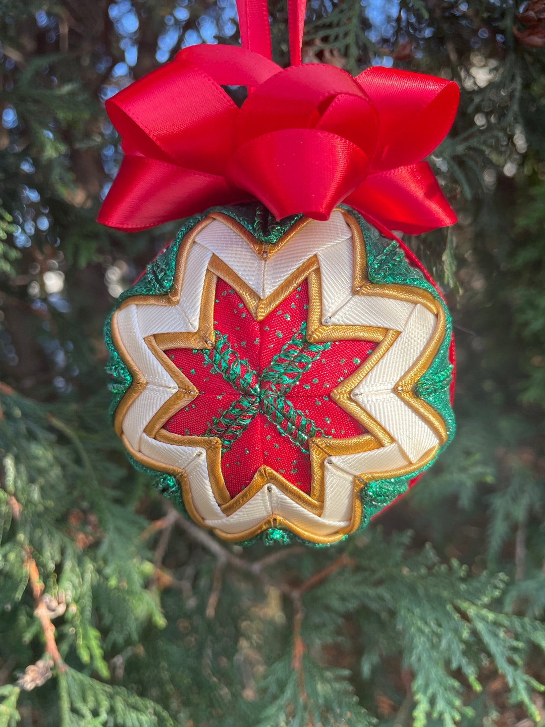 Cottage Holiday Quilted Ribbon Ball Ornament - Etsy