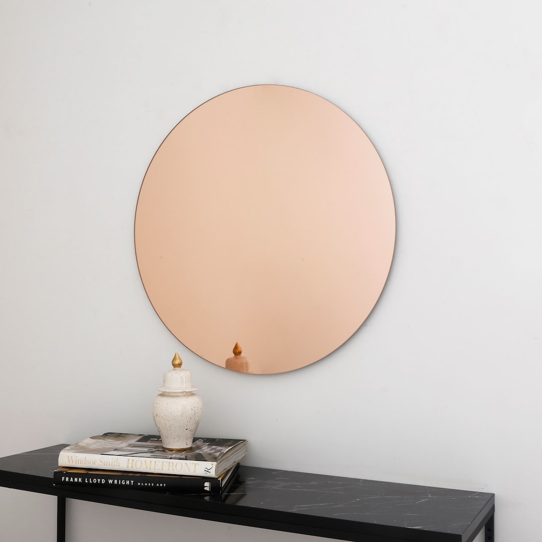 Rose Gold Tinted Contemporary Round Frameless Mirror, Minimalist Mirror ...