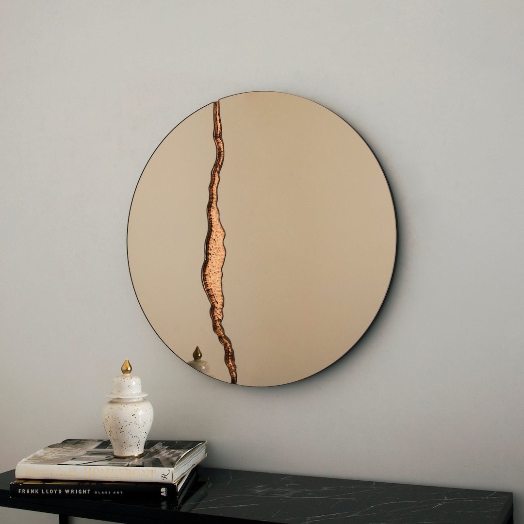 Fracture™ Handcrafted Bronze Round Mirror With Copper Detail - Etsy