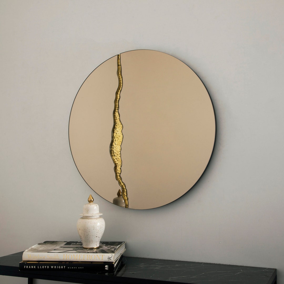 Fracture™ Handcrafted Round Bronze Mirror With Brass Detail - Etsy