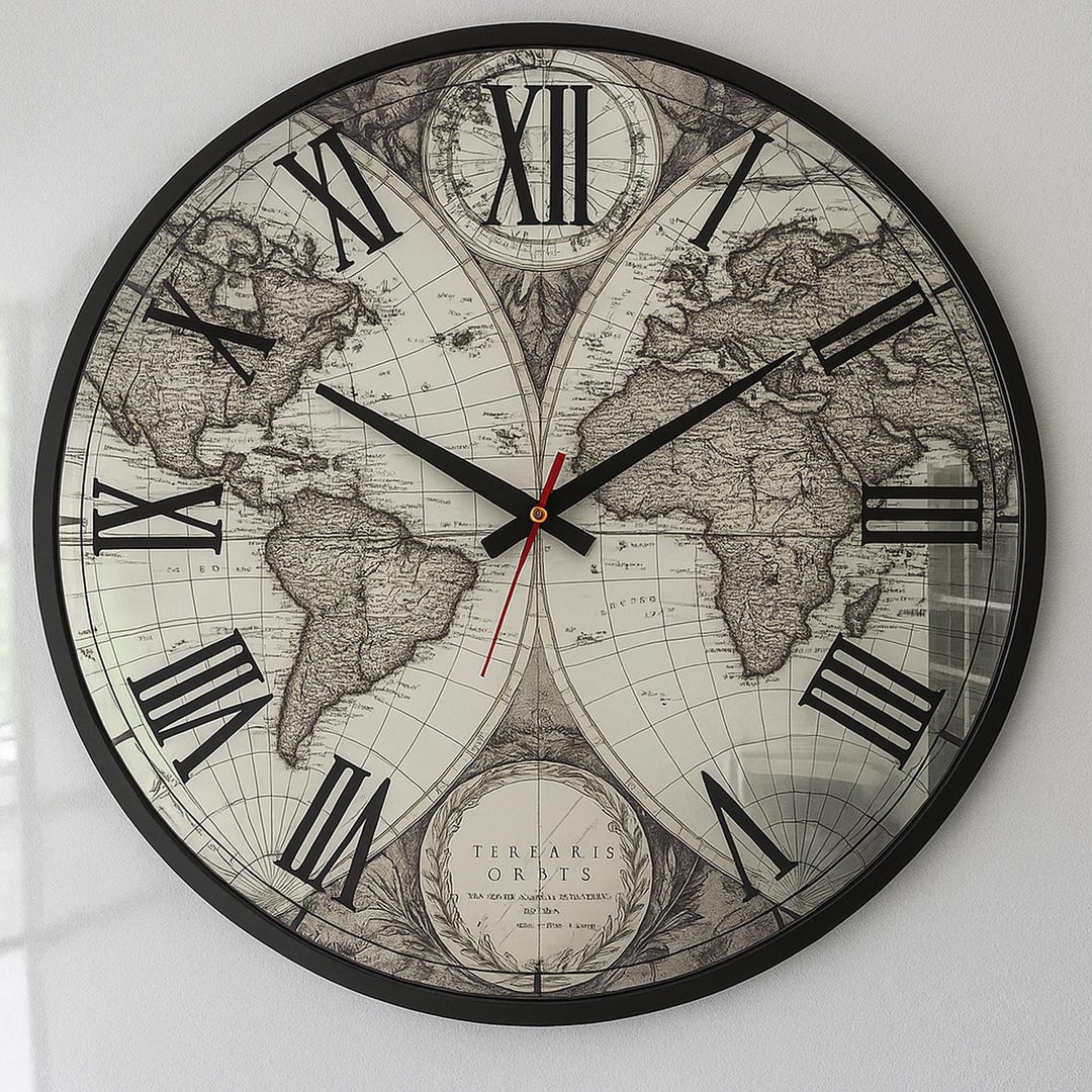 Mirror Wall Clock With Antique World Map & Roman Numerals, Handmade ...