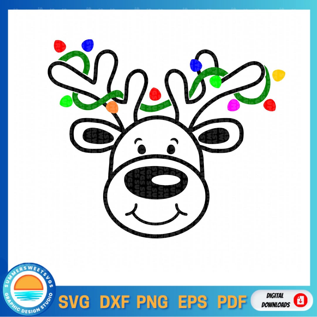 Reno navideño SVG, reno con luces SVG, cara de reno SVG, contorno de ...