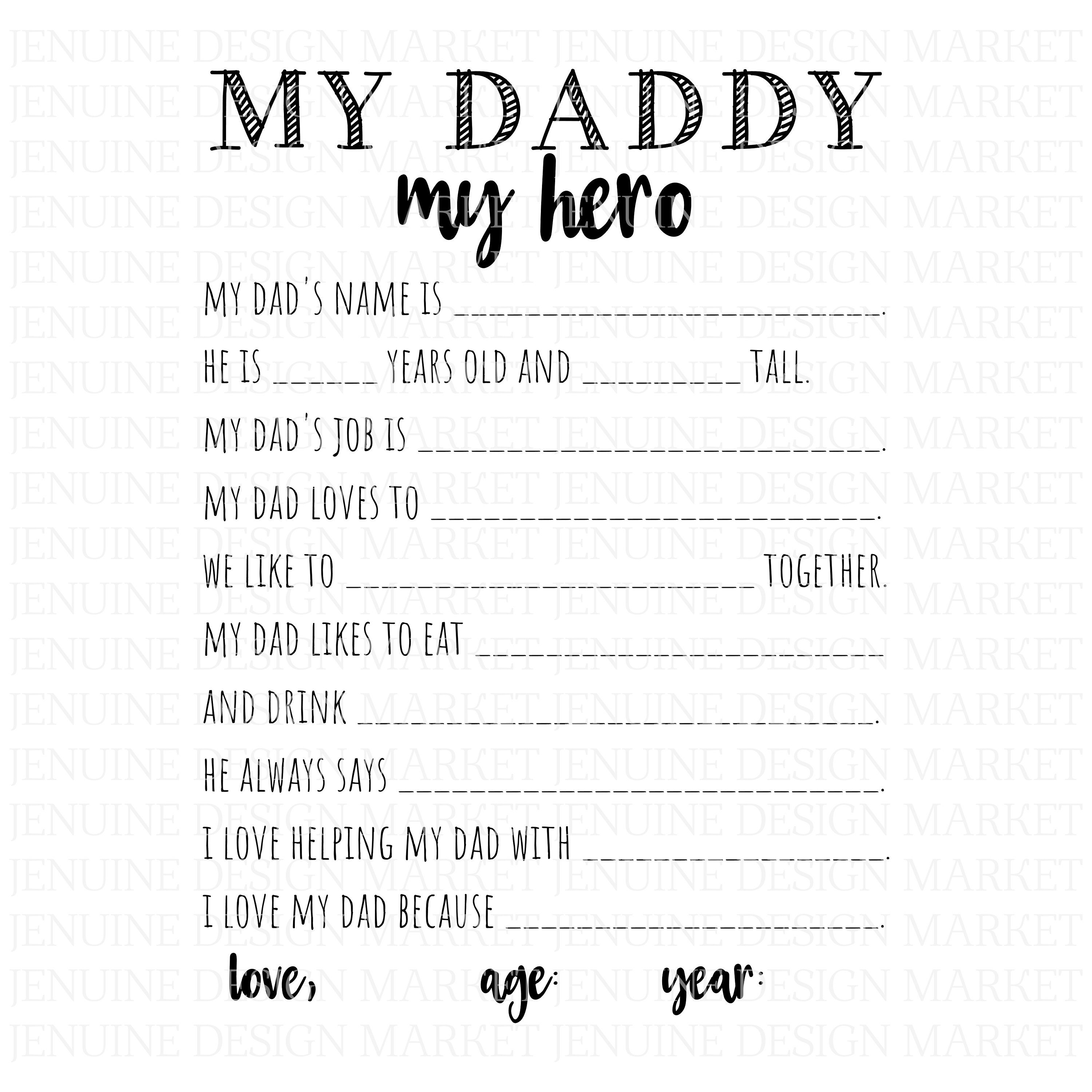 My Daddy, My Hero Printable Questionnaire | Father's Day Gift | All ...