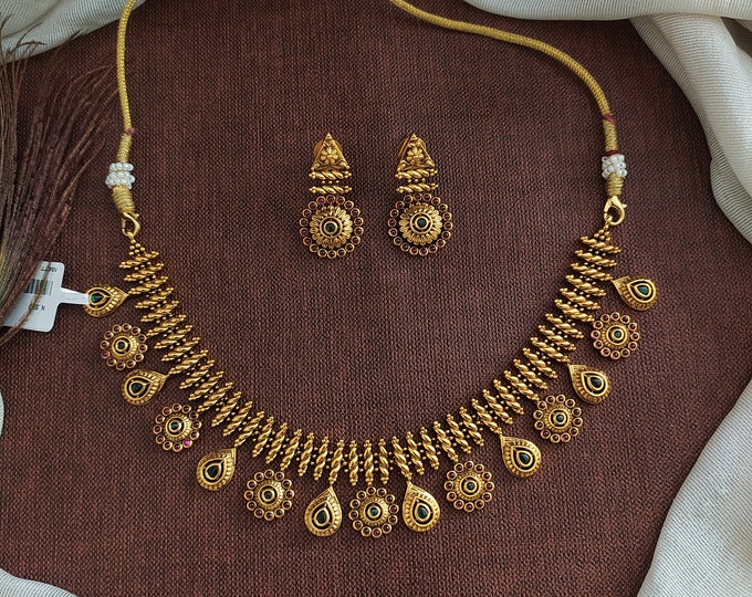 Sonal's Kemp Stone Mango Necklace Set: Red & Green or Full Red, Traditional Design With Earrings ...