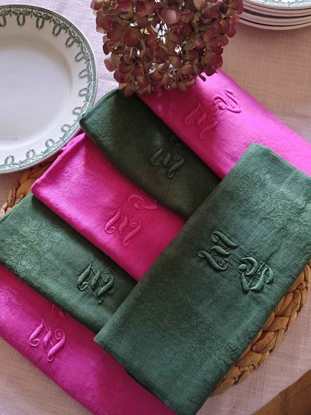 Set of 6 Large Antique French Napkins, Monogrammed , Monogrammé, Cotton ...