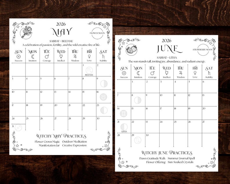 Printable Witchy Calendar With Witch Practices, Sabbat Dates and Moons ...